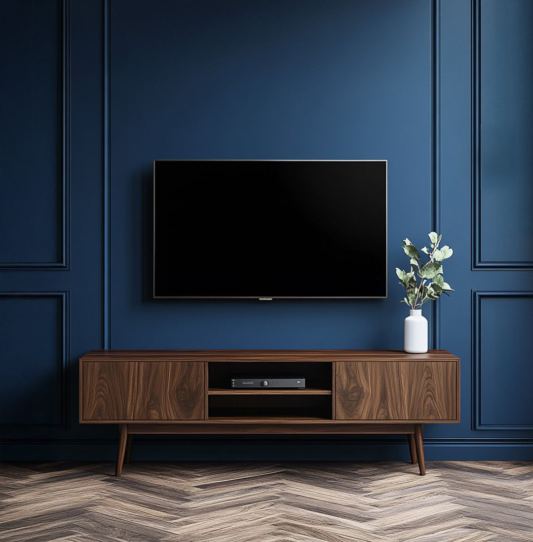 Mid-Century Modern TV Unit Design With Sliding Doors, Open Shelves and ...