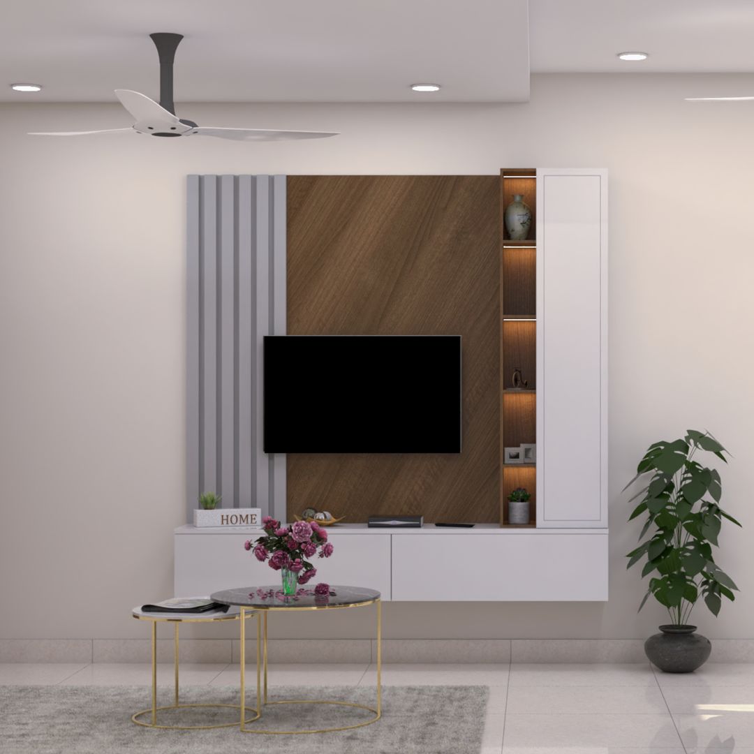 Modern TV Unit Design with Open Shelves and Concealed Drawers | Livspace