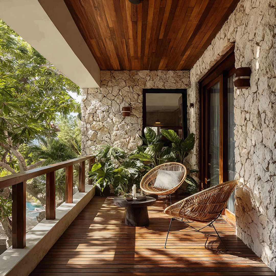 Traditional Balcony Design with Textured Stone Wall and Wicker Lounge ...