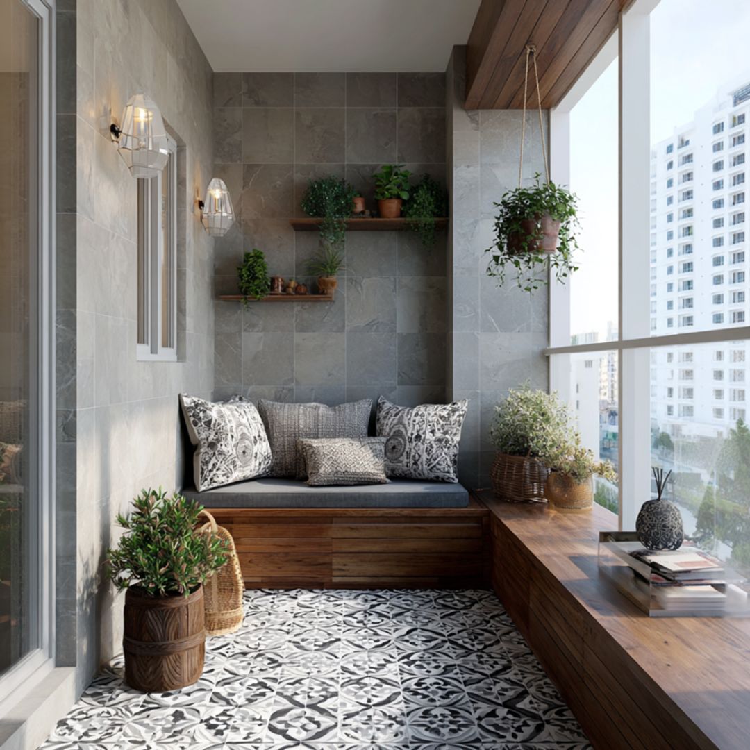 Bohemian Balcony Design with Natural Wood and Black-White Floor Tiles ...