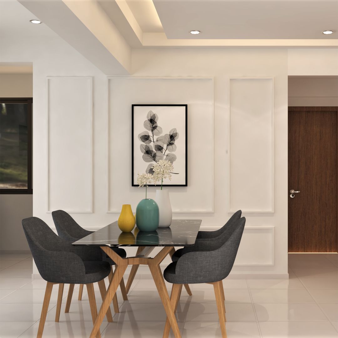 Scandinavian Dining Room Design with Buffet Storage Unit and Dark Stone ...