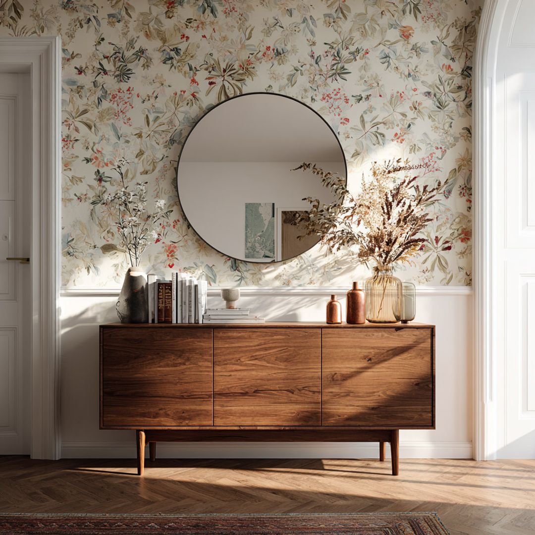 Modern Foyer Design with Teak Console and Large Circular Mirror | Livspace