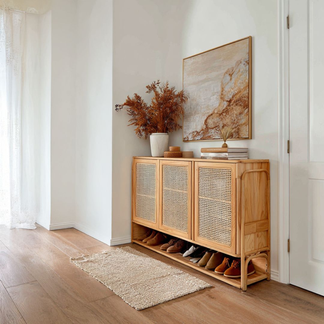 Rustic Foyer Design with Concealed Cane Panel Storage