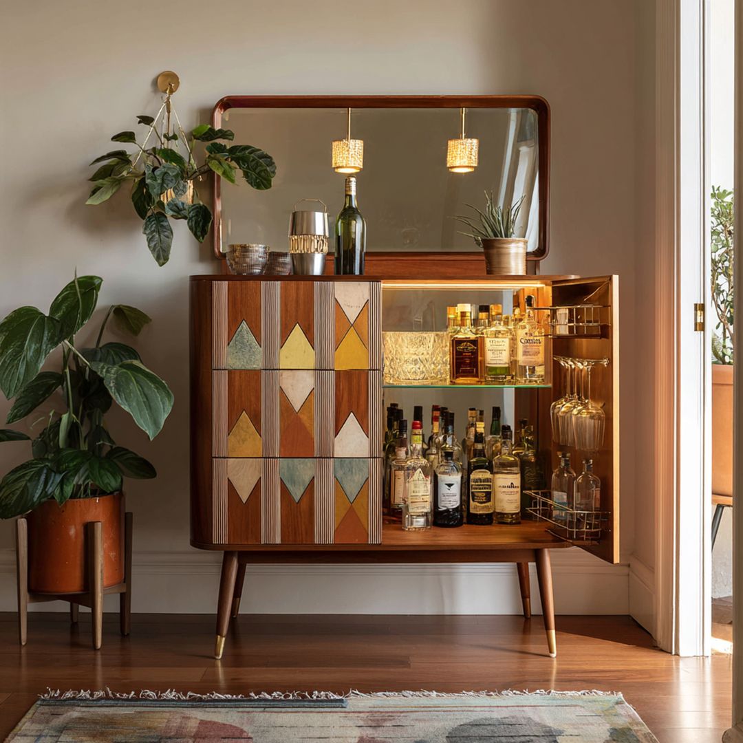 Home Bar Design with Mid-Century Modern Walnut Finish, Mirrored Counter ...