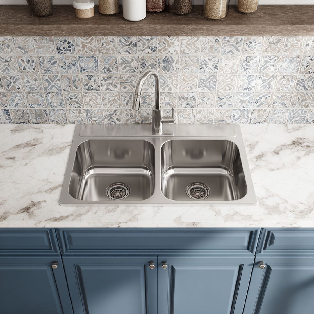 Stainless Steel Top Mount Kitchen Sink Design Featuring Double Bowl ...