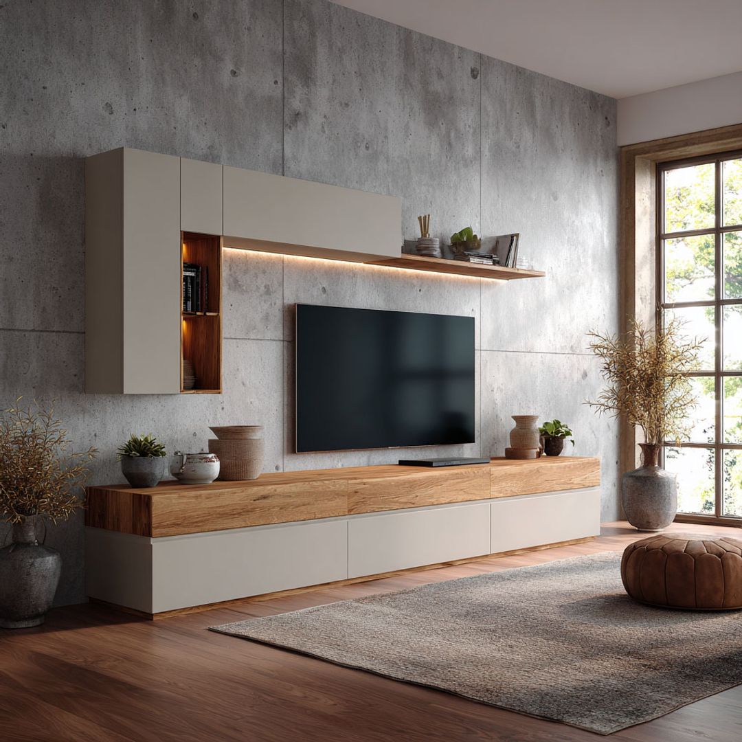 Teak and Grey Modern Floating TV Unit Design with Concealed Storage ...