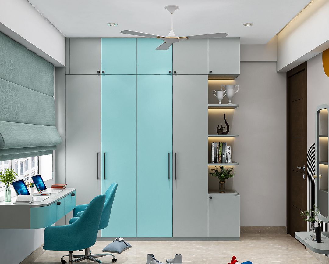 4-Door Modern Swing Wardrobe Design in Silver and Aqua Suede Finish ...
