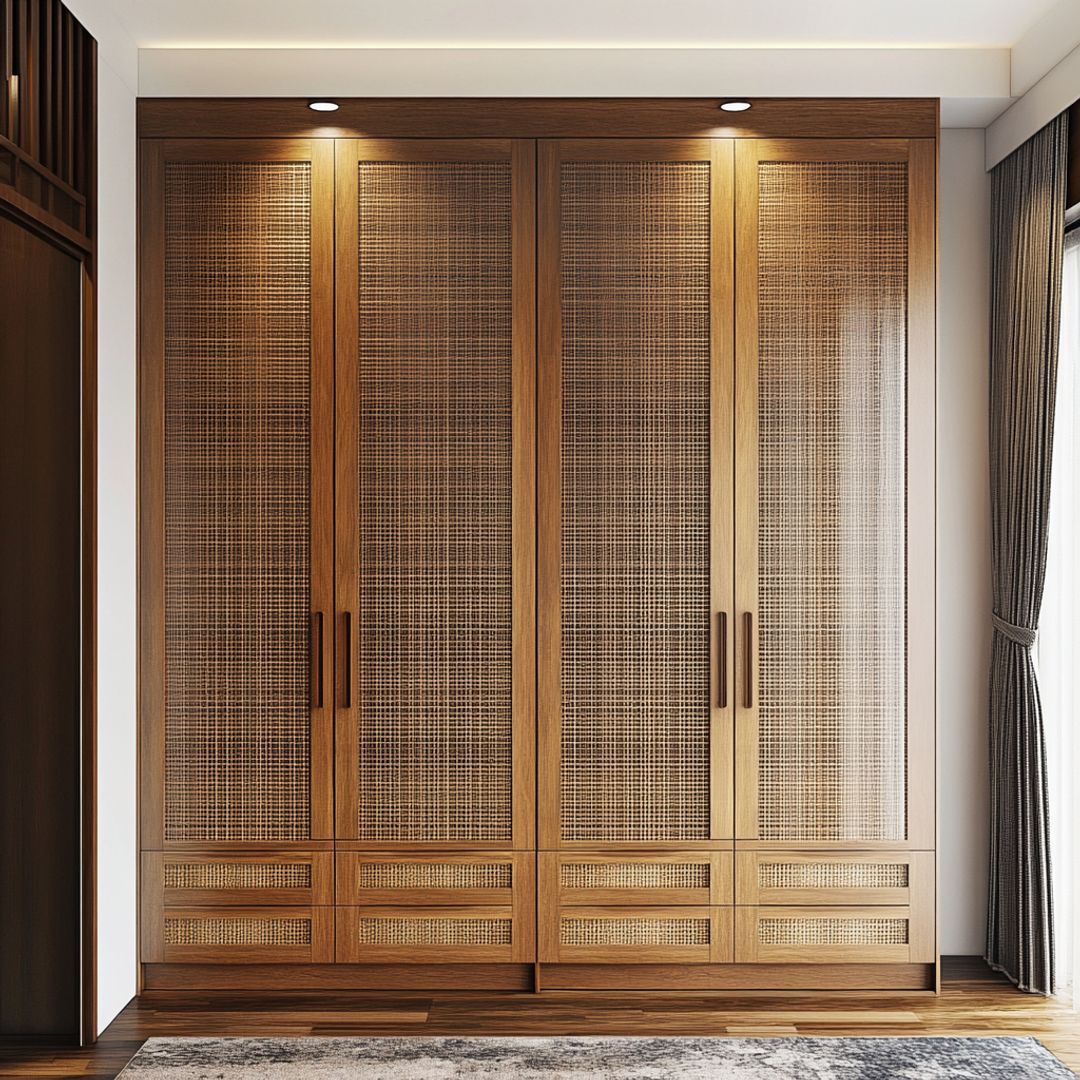 Bohemian 4-Door Swing Wardrobe Design with Rattan Wardrobe Suede ...