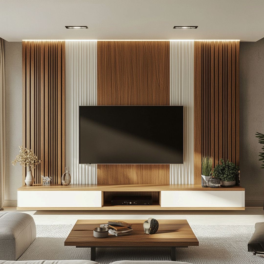 TV Unit Design in Modern White and Walnut Colour and Suede Laminate ...