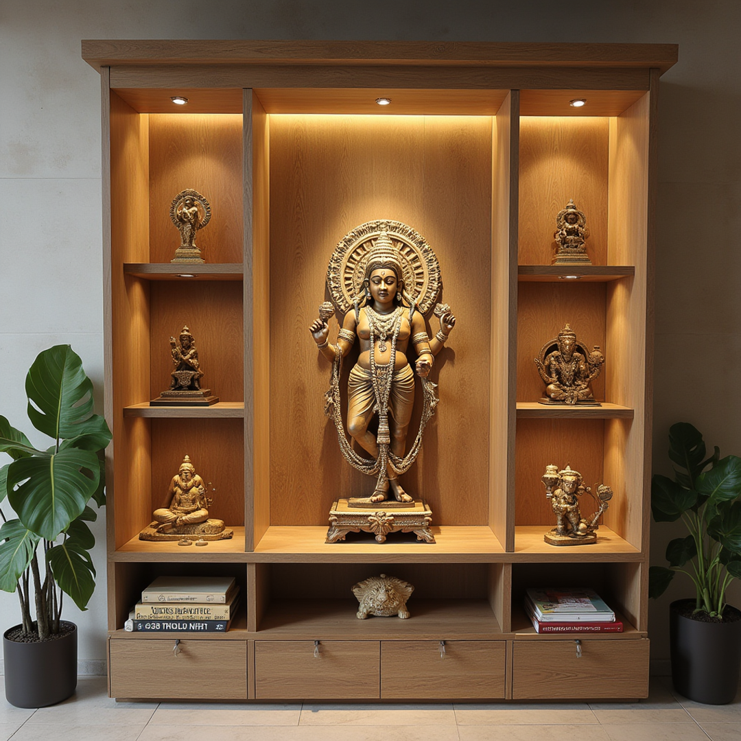 Wooden Finish Traditional Floor-Mounted Pooja Unit Design with Drawer ...