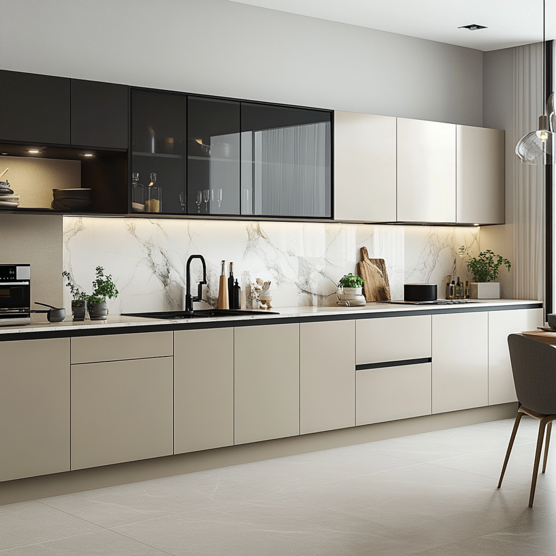 Open Kitchen Design with Modern Grey Suede Laminate Finish Units and ...