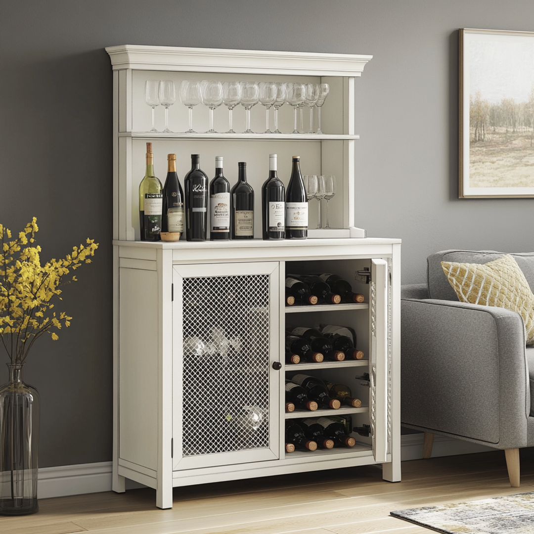 White Home Bar Design with Classic Suede-Finish Cabinets and Glass ...