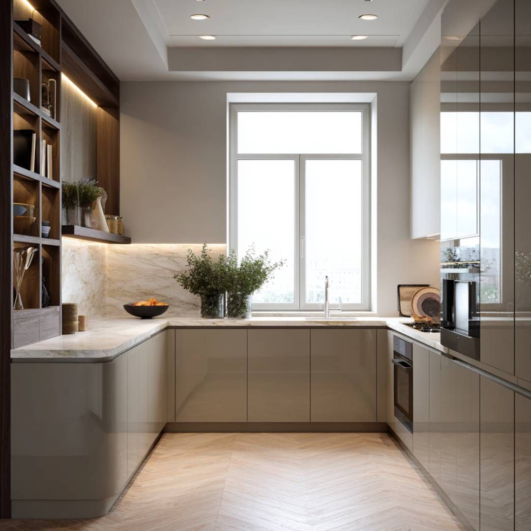 Modern U-Shaped Kitchen Design With Handleless Cabinets and Marble ...