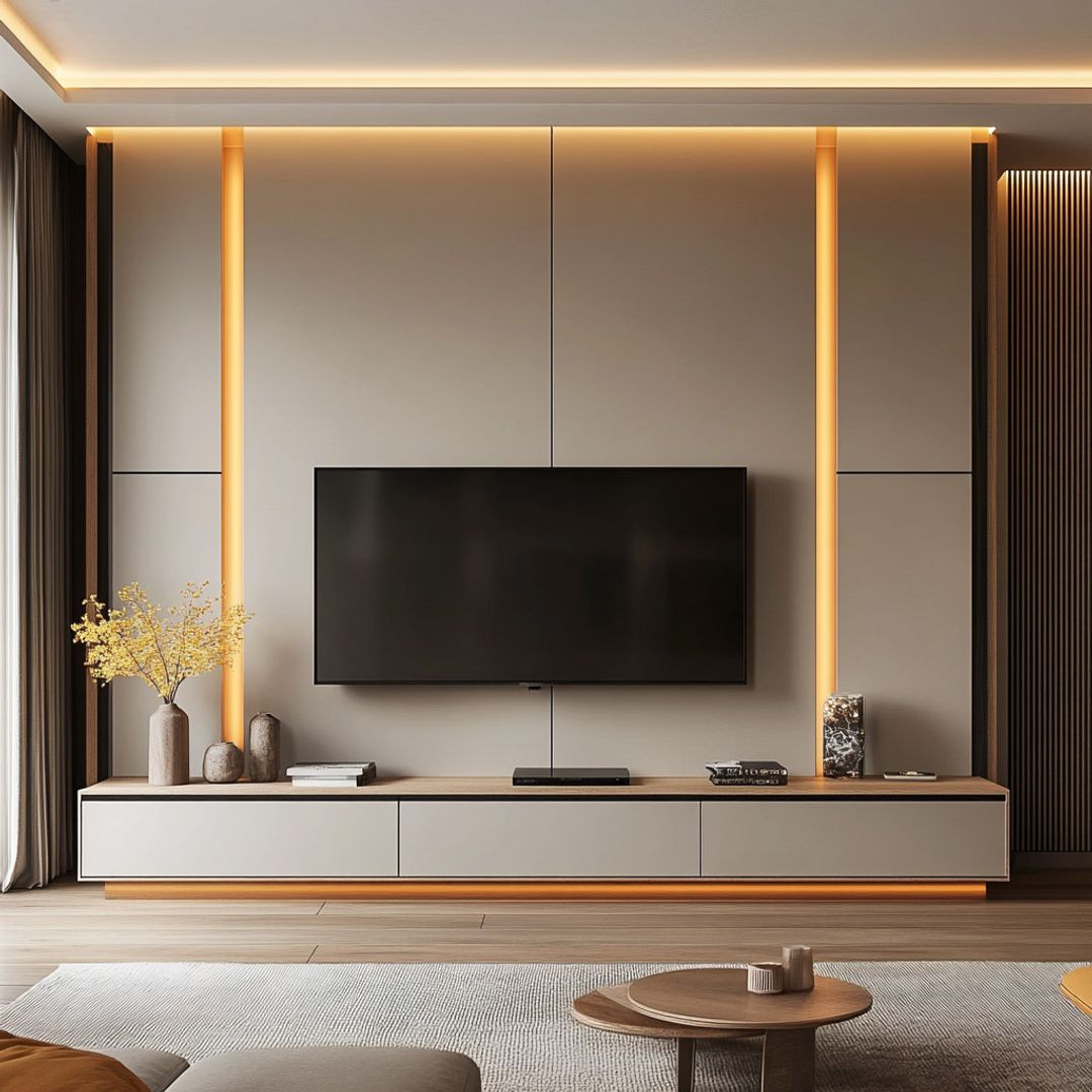 TV Unit Design with Champagne Finish and Pull-Out Drawers for a Modern ...