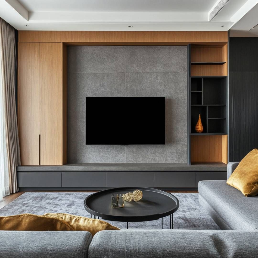 Modern Wall-Mounted TV Unit Design with Open and Closed Storage | Livspace