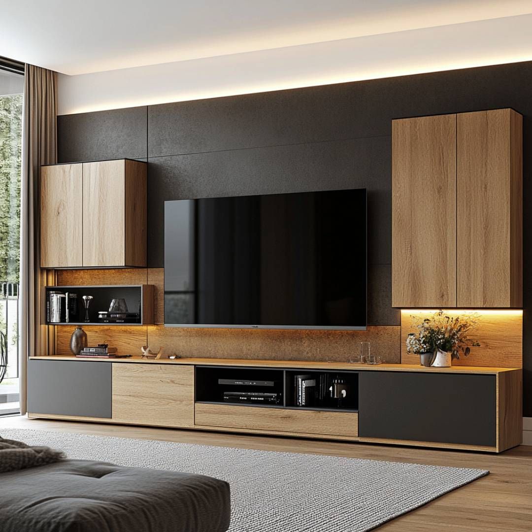 Modern Grey TV Unit Design with Sliding Drawers and Concealed Cabinets ...