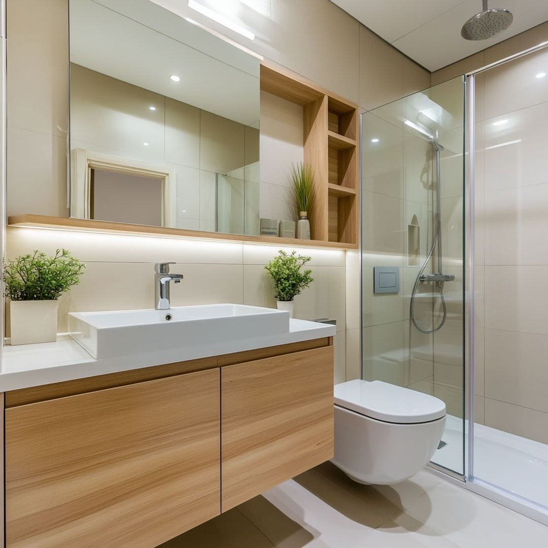 Cream Tiles Contemporary Bathroom Design with Square Mirror and Drawer Vanity Storage | Livspace