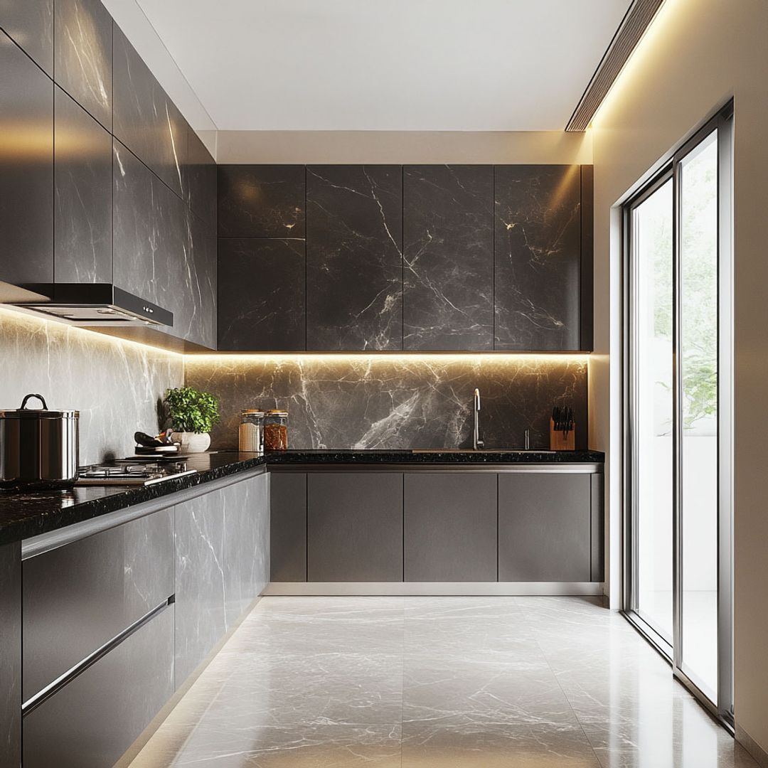 Contemporary L-Shaped Kitchen Design with Marble Backsplash, Granite ...