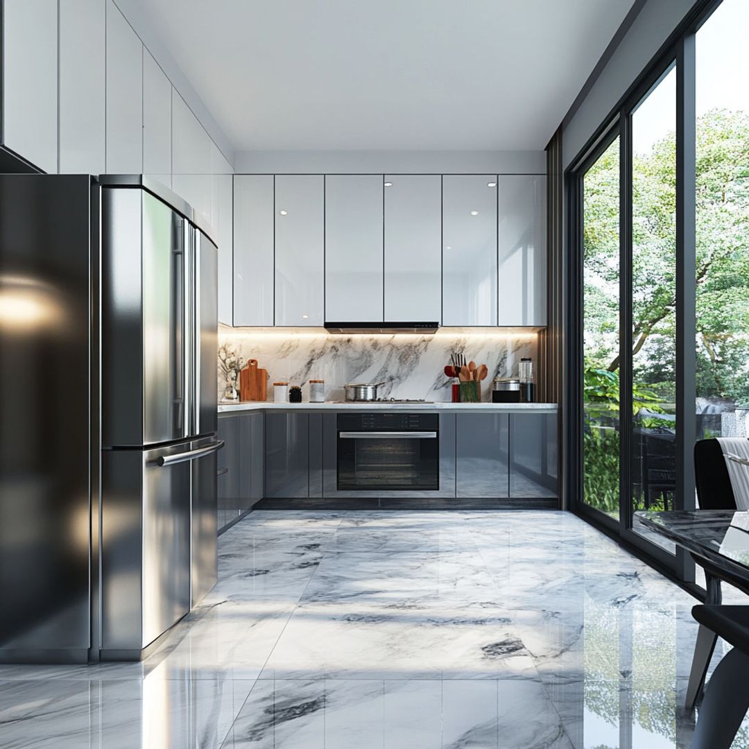 L-Shaped Contemporary Kitchen Design with High-Gloss Cabinets and Open Shelving | Livspace