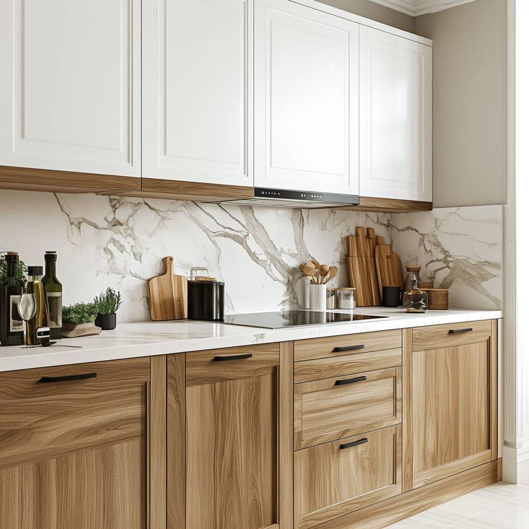 Straight Kitchen Design with Brown and White Cabinets and Scandinavian ...