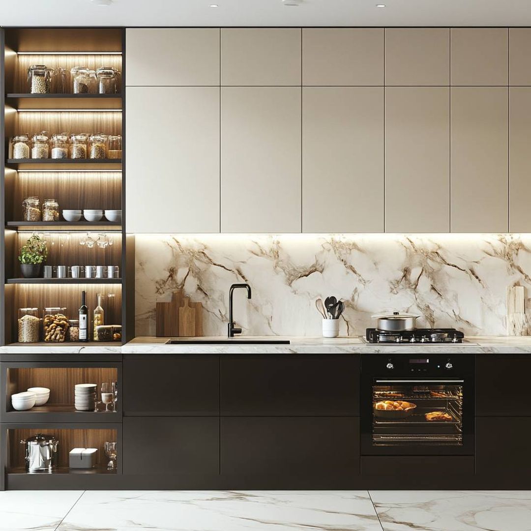 Modern Straight Kitchen Design with Dark Grey Base and Cream Wall Units ...