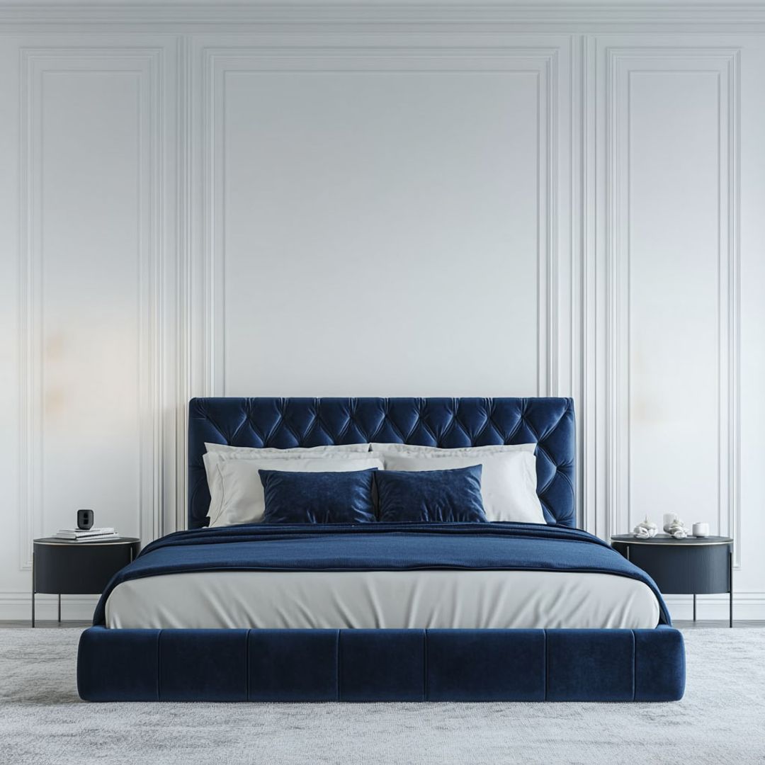 Master Bedroom Design with Modern Blue Velvet Bed, Round Side Table and ...