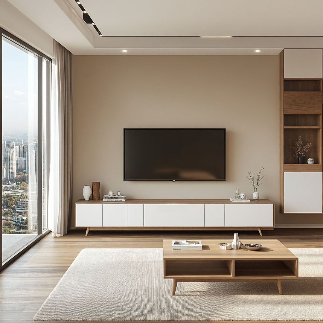 White and Brown Minimal TV Unit Design with Hidden Cabinets and Open ...
