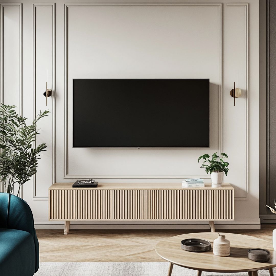 Brown Modern TV Unit Design with Lined Cabinetry and Framed Paneling ...
