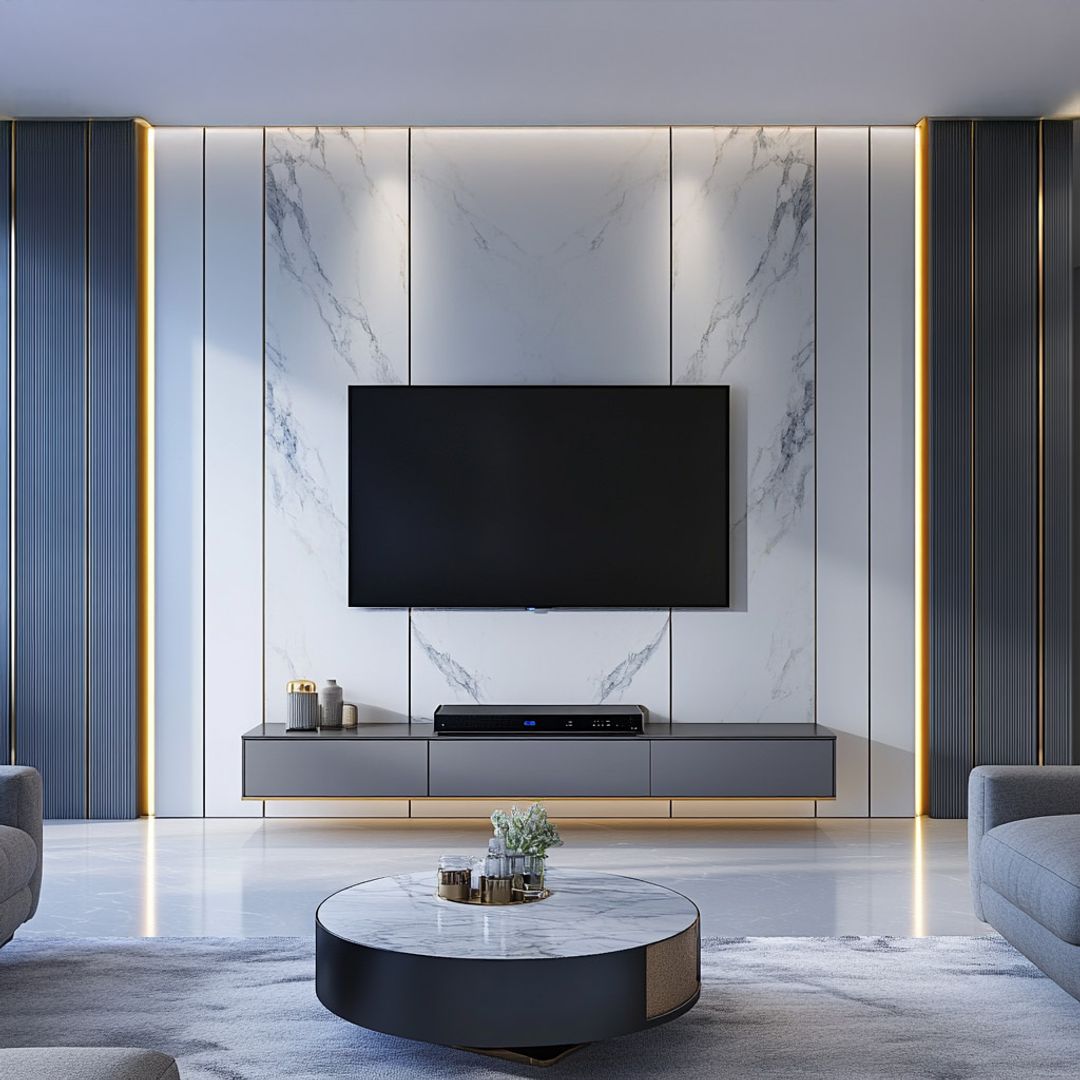 Grey Contemporary TV Unit Design with Illuminated Marble Wall and ...