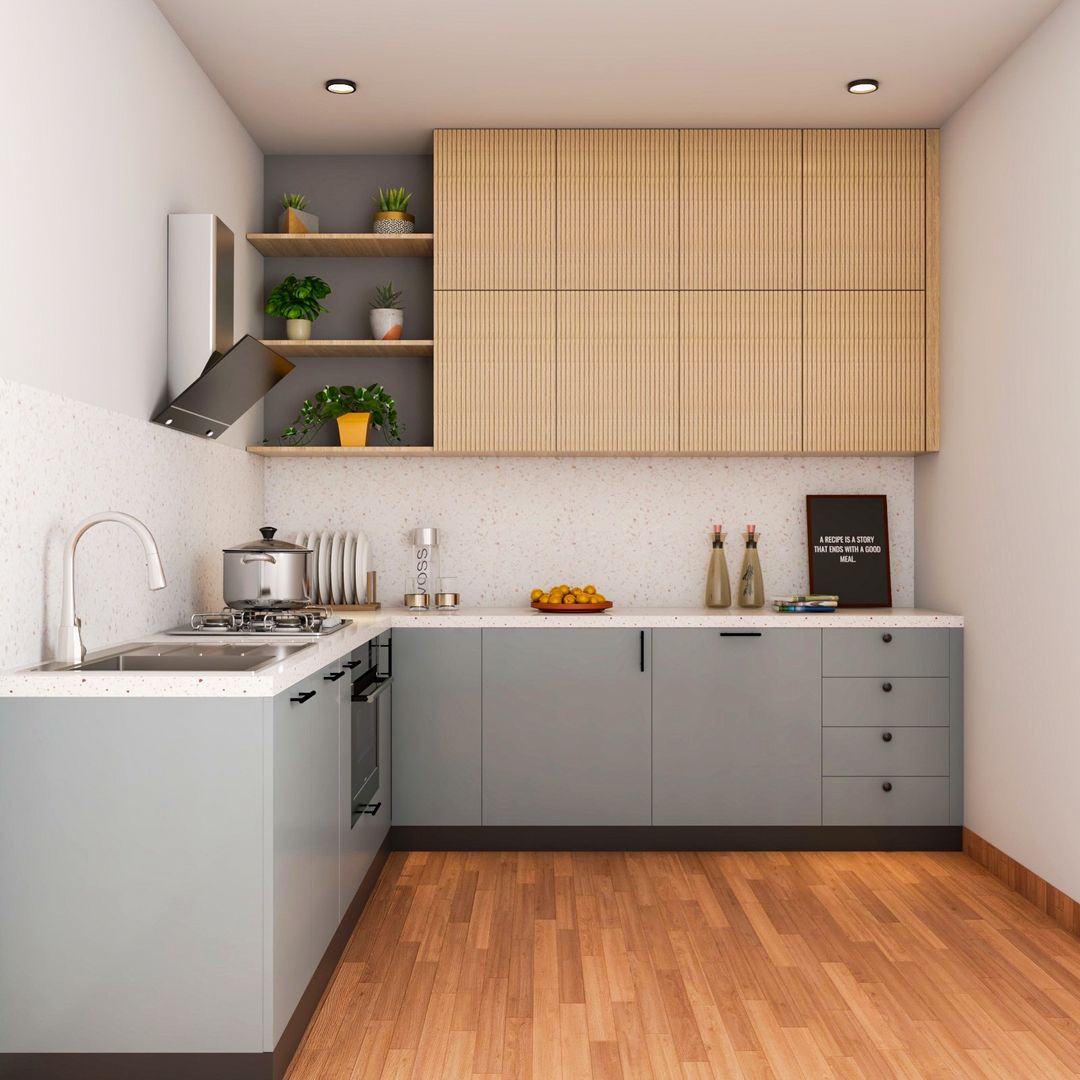 Contemporary Blue and Brown L-Shaped Kitchen Design with Quartz ...