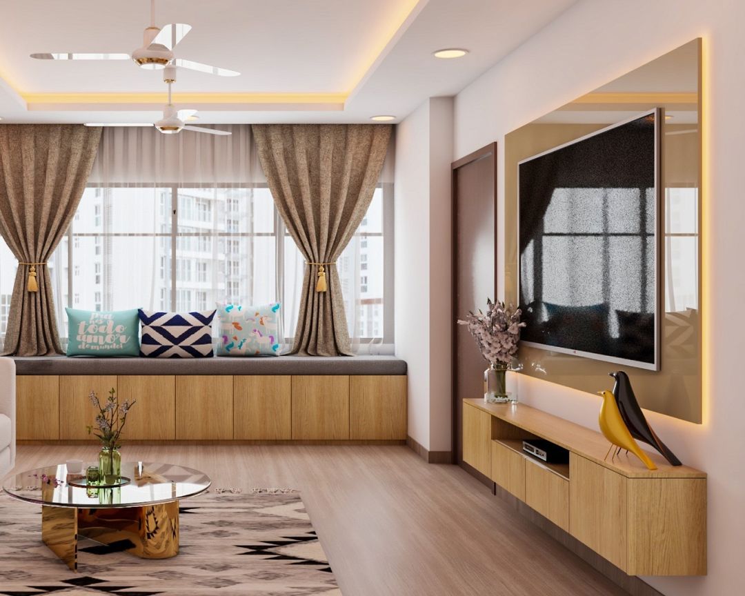 Spacious TV Cabinet With A Backlit Wall Panel | Livspace