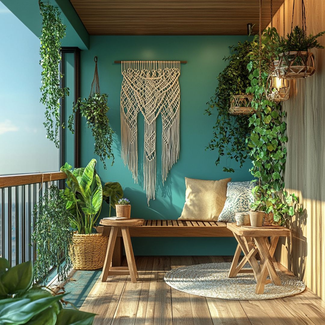 Balcony Design with Tropical Vibes, Bohemian Style and Vibrant Teal Walls | Livspace