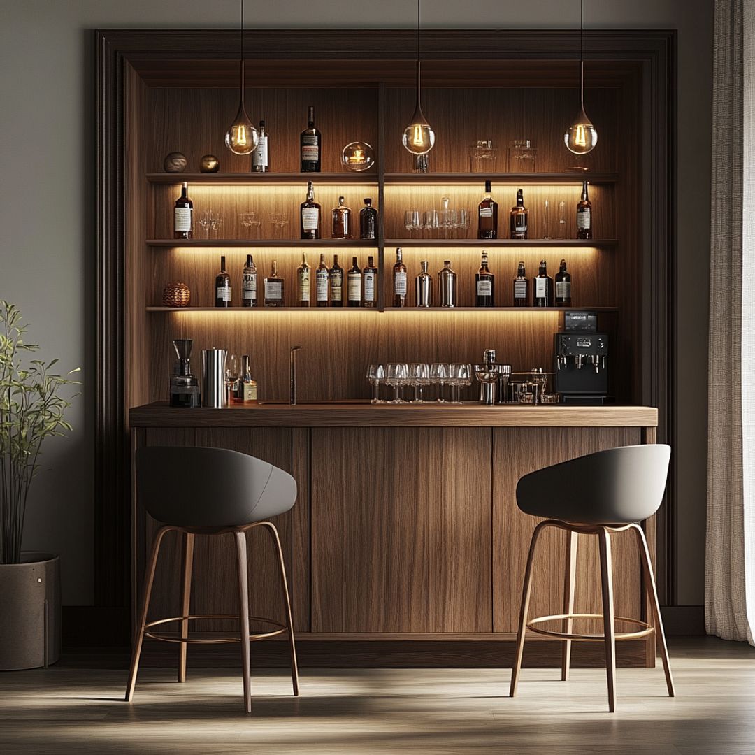 Modern Home Bar Design with Tawny Balsam, Slate, and Warm Lighting ...