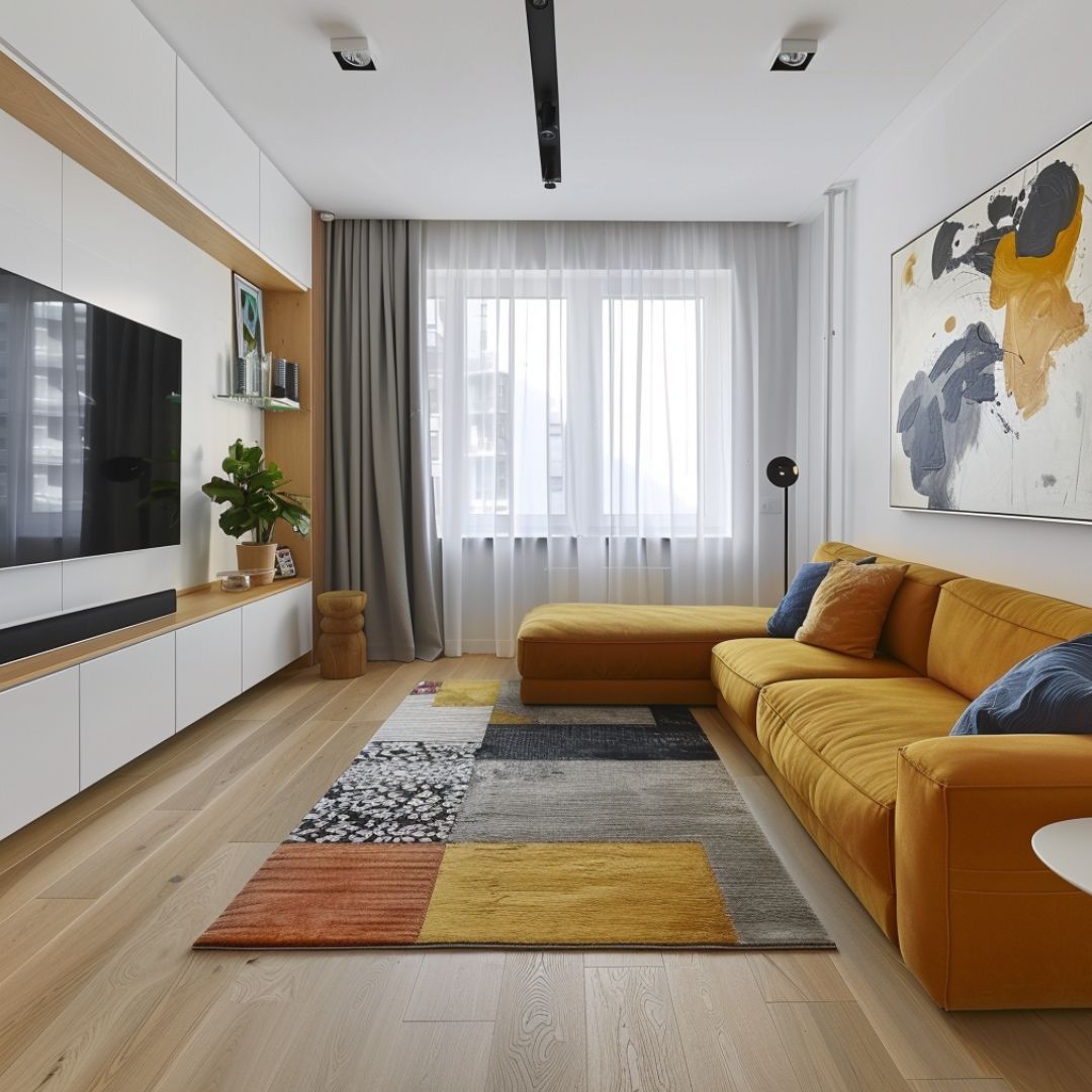 Elegant Modern Living Room Design Featuring Mustard Sofa and ...