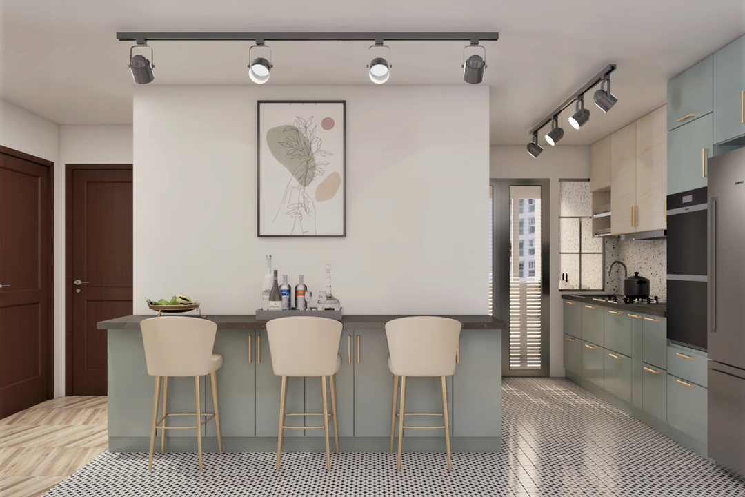 Green Modern Kitchen Design with Breakfast Counter and Terrazzo Tiles ...
