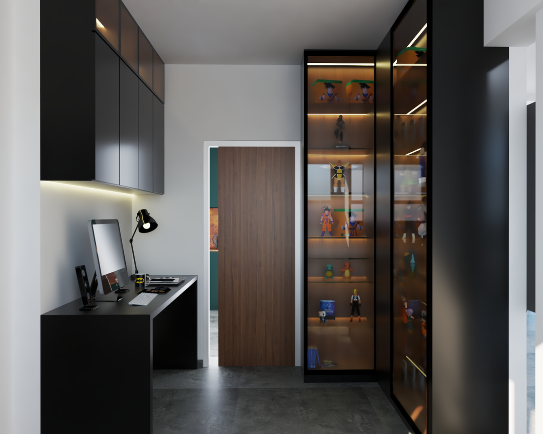 Compact Study Room with Glass Cabinets and Strip Lights | Livspace