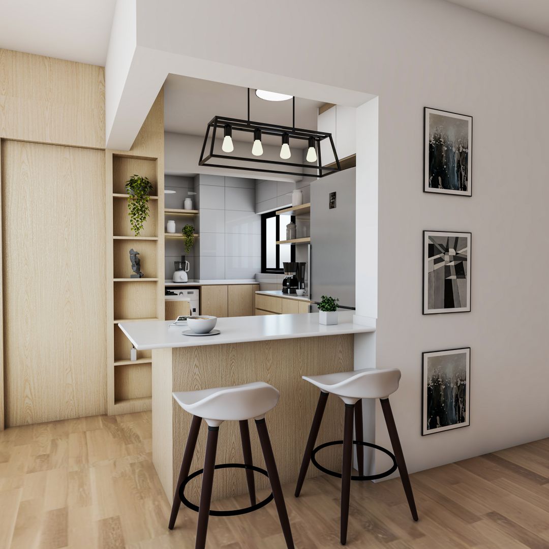 Scandinavian Kitchen Design with Wood and White Cabinets | Livspace