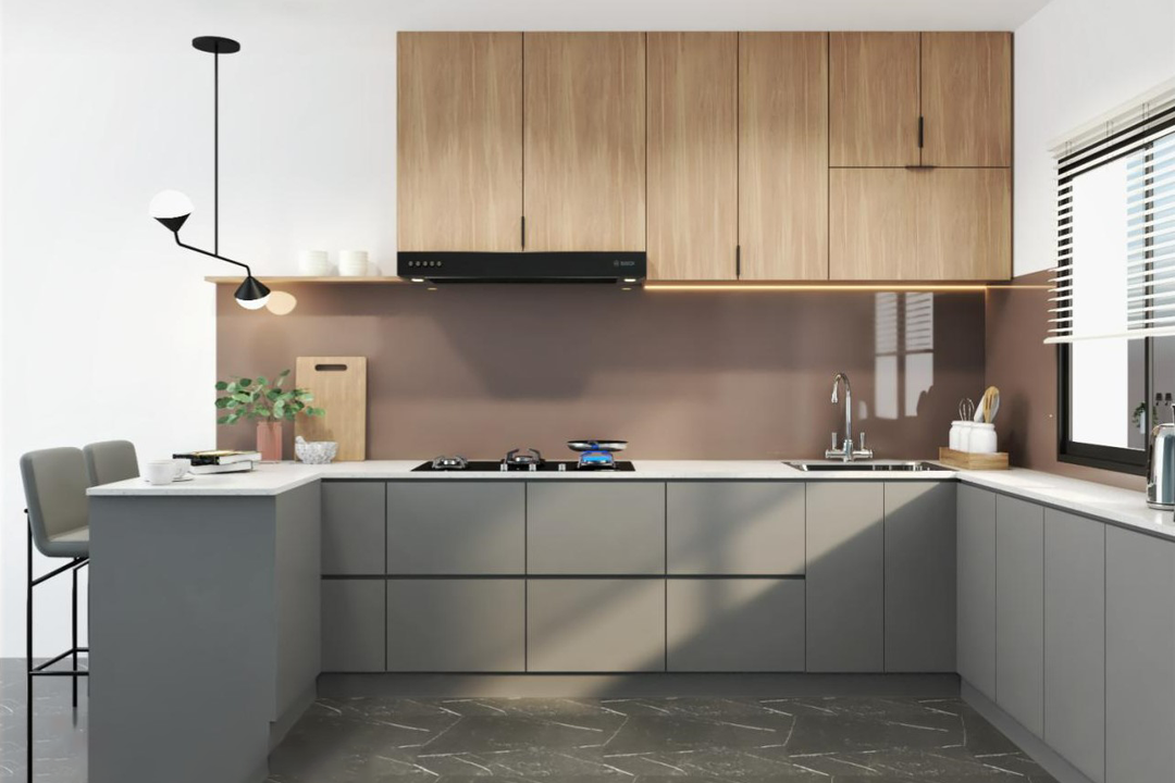 Modern Kitchen with Glass Crockery Unit and Breakfast Table | Livspace