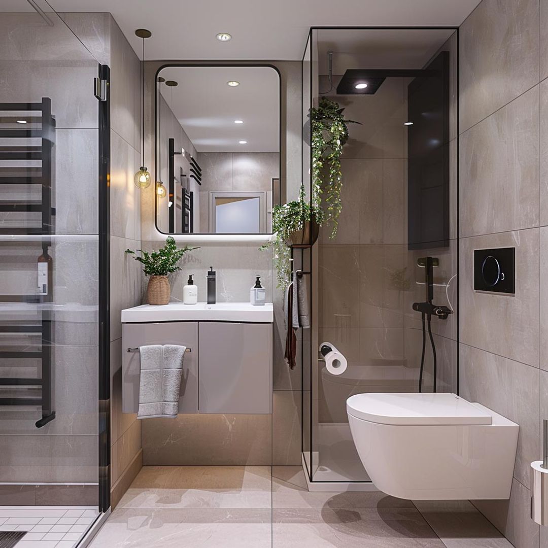 Spacious Modern Bathroom Design: Glass Partition & Oval Mirror | Livspace