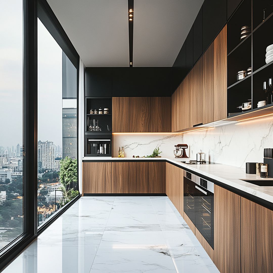 Contemporary Brown L-Shaped Kitchen Design with Quartz Countertop and Open Storage | Livspace