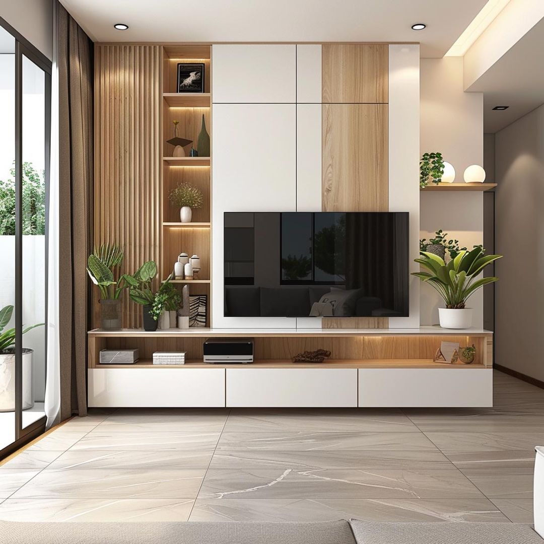 Champagne and Acacia Wall-Mounted TV Unit Design with Panelled ...