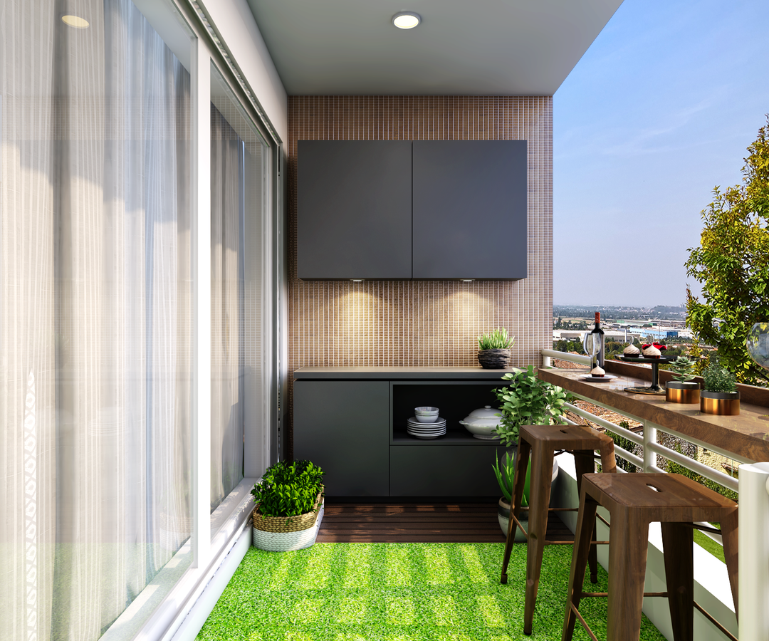 Dreamy Balcony with High Seating and Artificial Lawn | Livspace