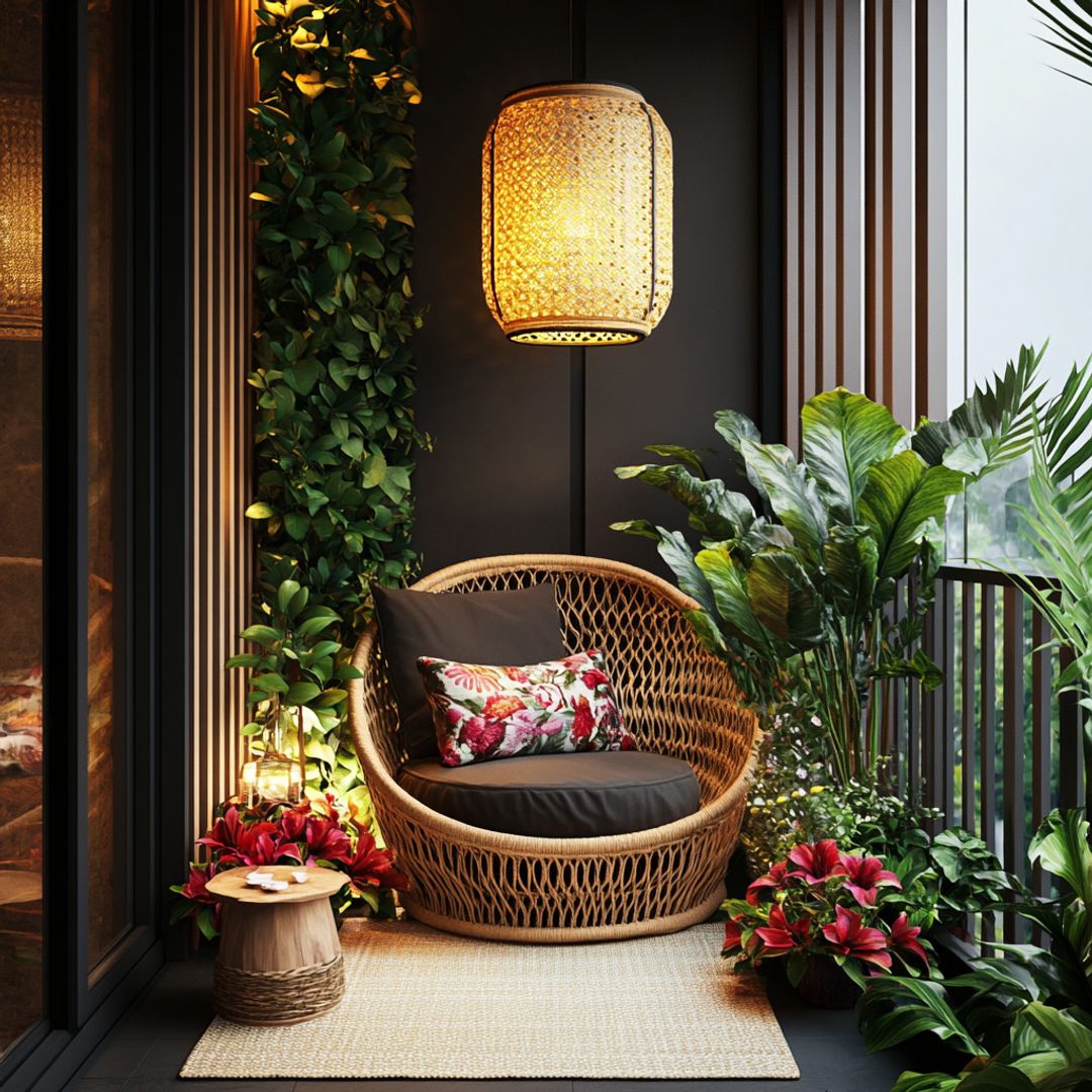 Contemporary Balcony Design With Green Wall and Rattan Lounge Chair ...