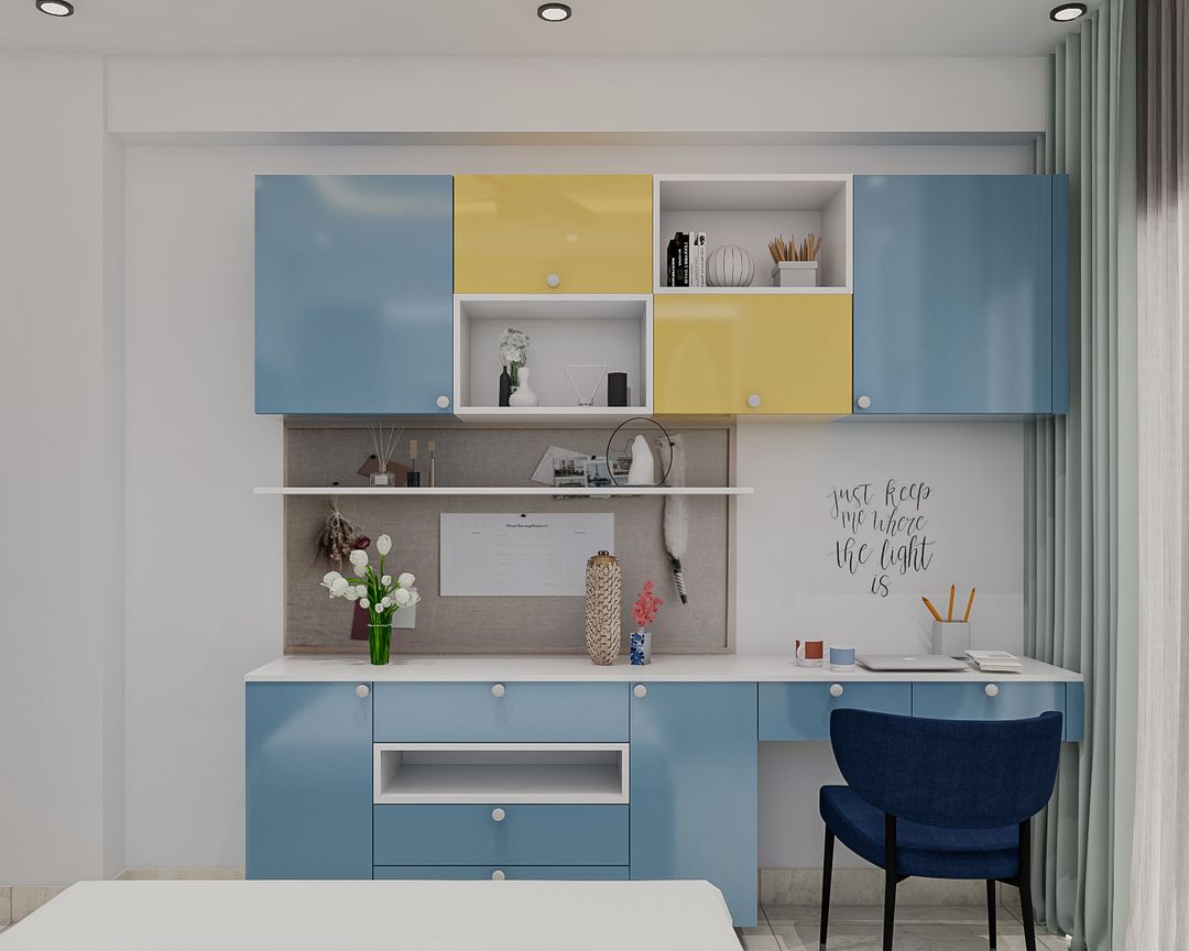 Modern Home Office Design in Denim and Yellow Theme with Storage Units ...