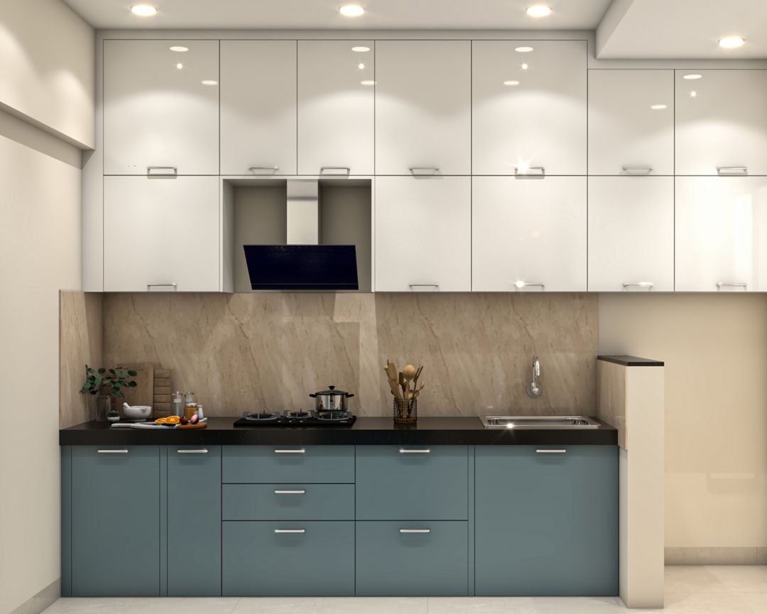 White Contemporary Open Kitchen Design With Under-Cabinet Lighting and Granite Countertop | Livspace