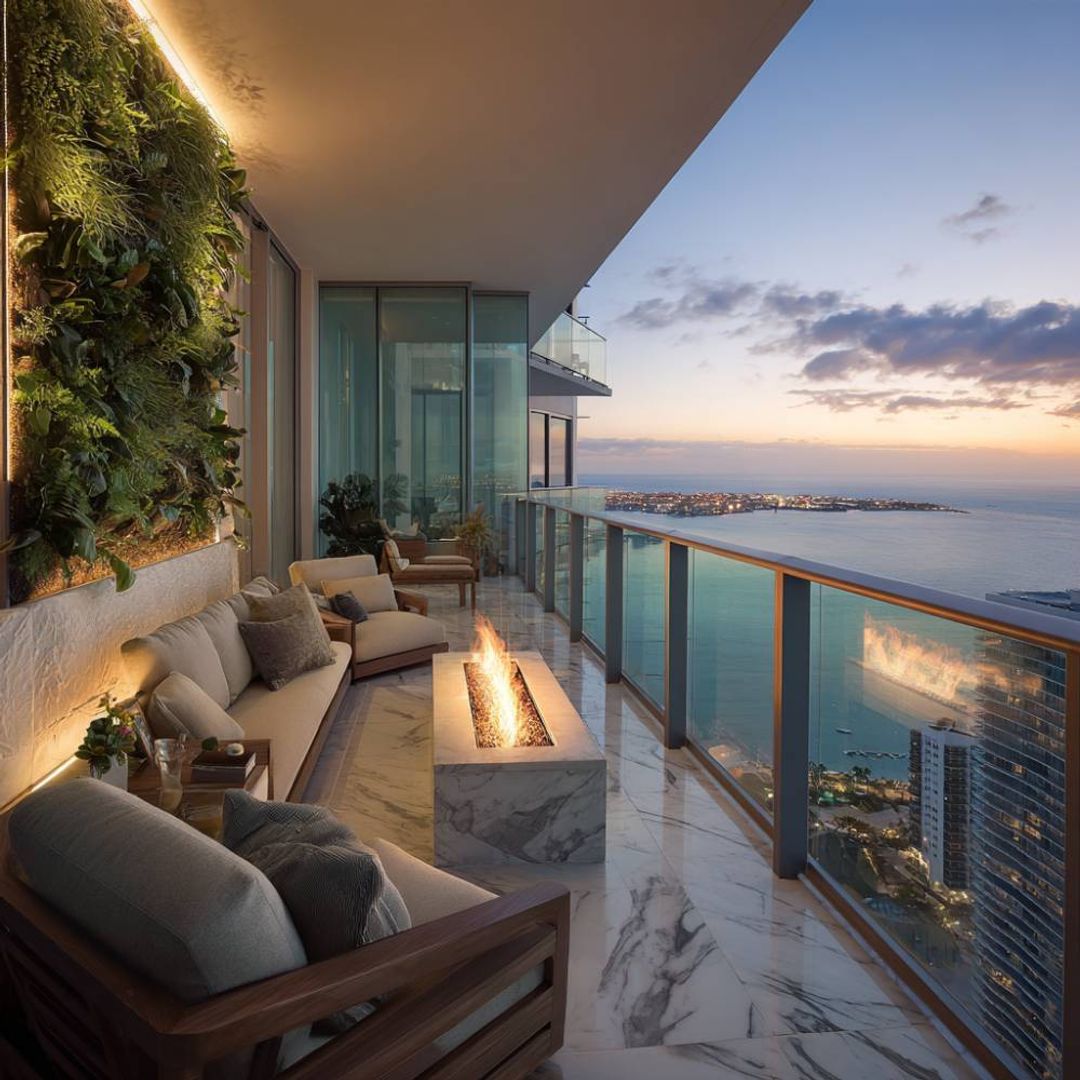 Balcony Design with Modern Vertical Garden Wall, Firepit and Glass ...