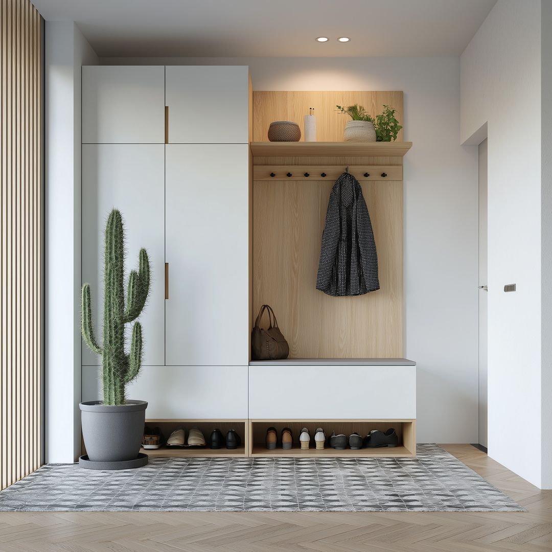 Foyer Design Featuring Cushioned Seating and Minimal Closed Cabinets ...