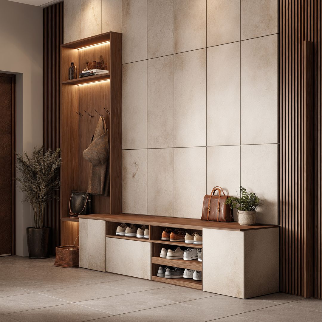 Beige Stone-Textured and Wood Modern Foyer Design with Wooden Panels ...