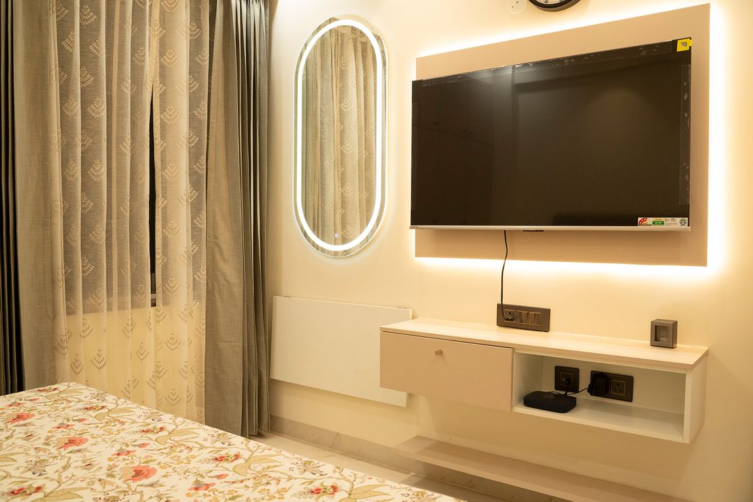 Guest Bedroom Design with Modern Glossy Beige Wardrobe and Wall-Mounted ...