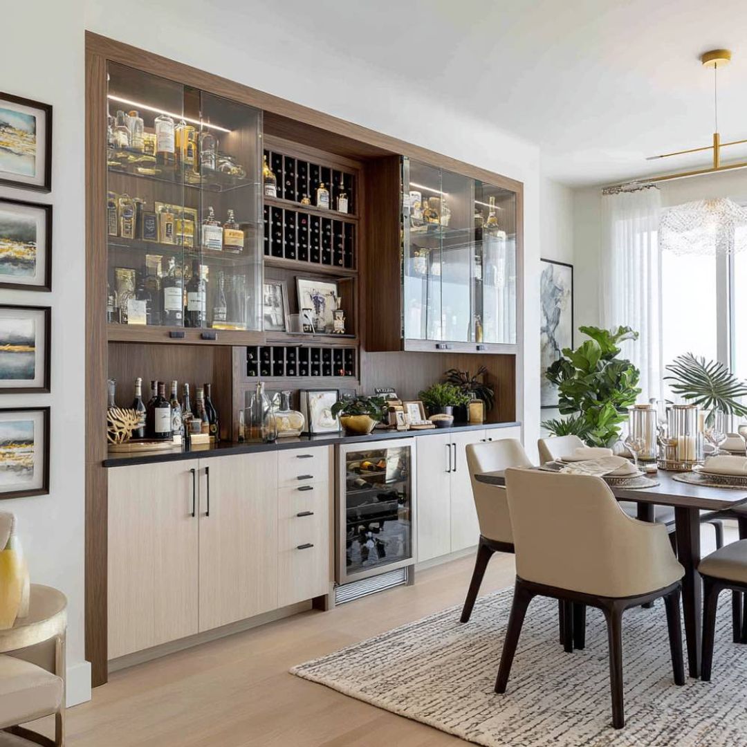 Modern Dual-Tone Wood Home Bar Design with Glass Cabinets, Wine Cooler ...